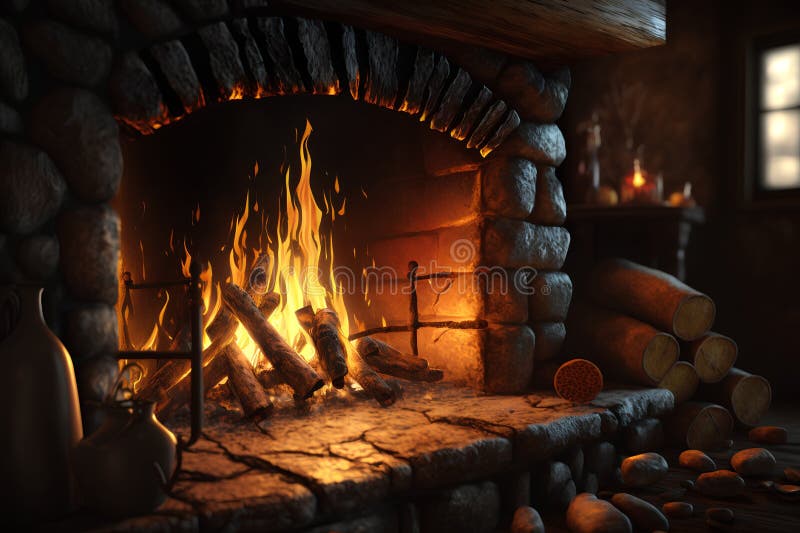 Vintage Fireplace with Burning Wood Logs. 3d Render Illustration Stock ...