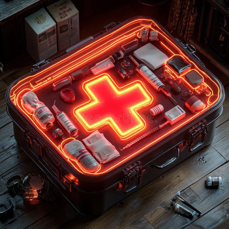 A Vintage First Aid Kit with Neon Lighting is Depicted, Ready for ...