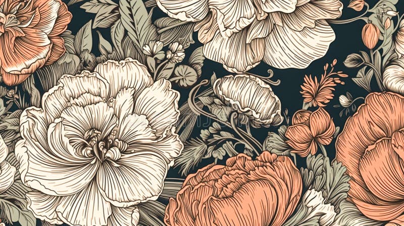 Vintage Flat Pattern with Flowers, Generative AI. Stock Illustration ...