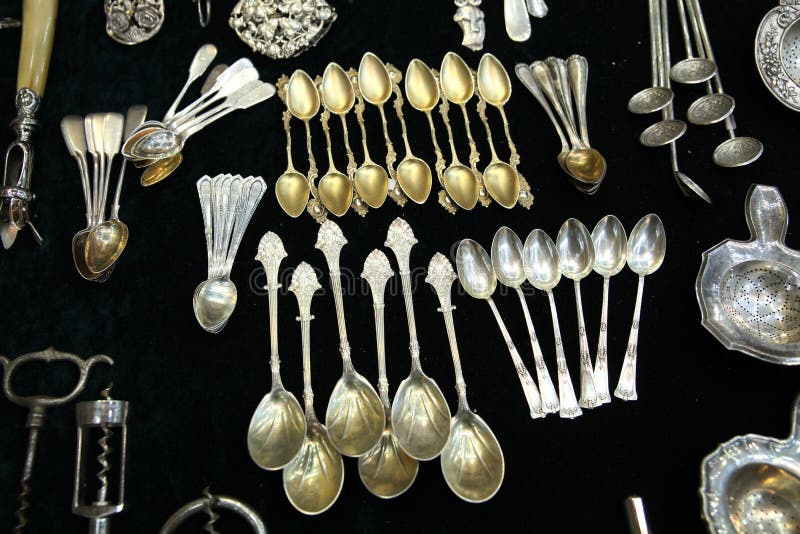 Vintage Flatware Various Sizes from Silver Stock Image - Image of place ...