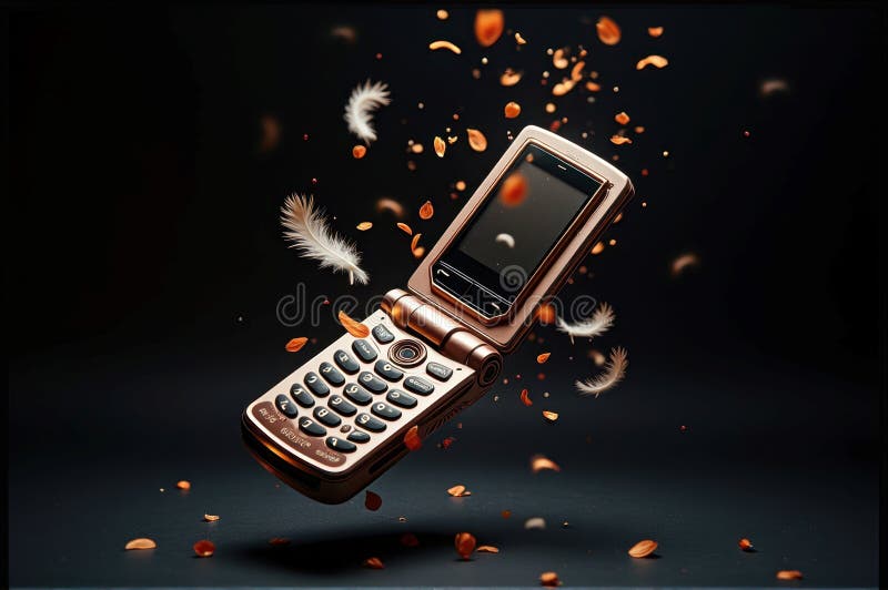 Vintage Flip Phone with Floating Feathers and Petals on Black ...