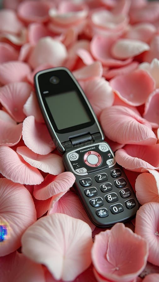 Vintage Flip Phone on Pink Rose Petals Background Stock Photo - Image ...