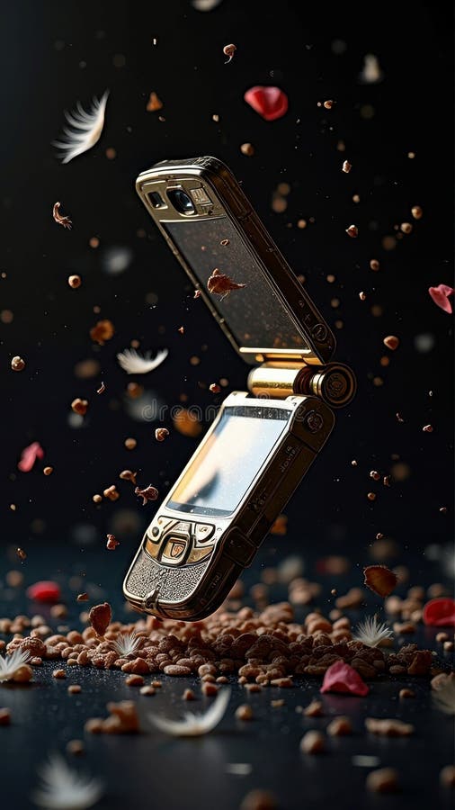 Vintage Flip Phone Surrounded by Floating Elements in Motion Stock Image - Image of antique ...