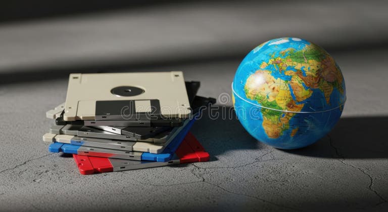 Vintage Floppy Disks and World Globe Symbolizing Data Storage and ...