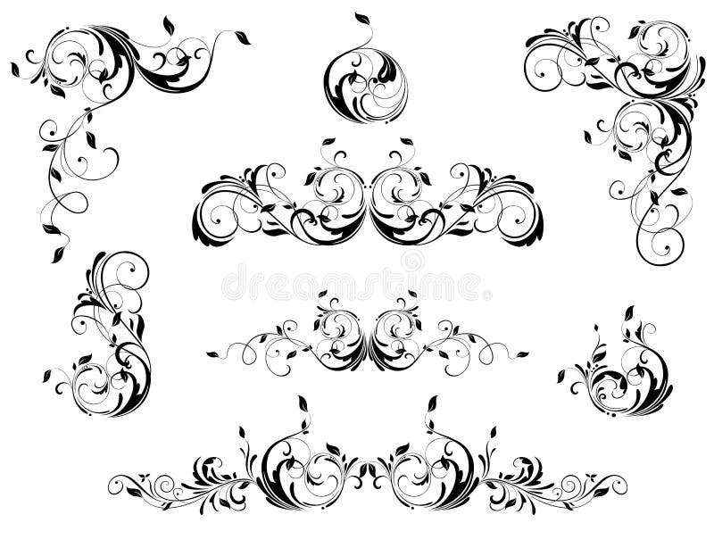 Vintage Floral Borders, Angles and Headers Vector Set. Black and White ...