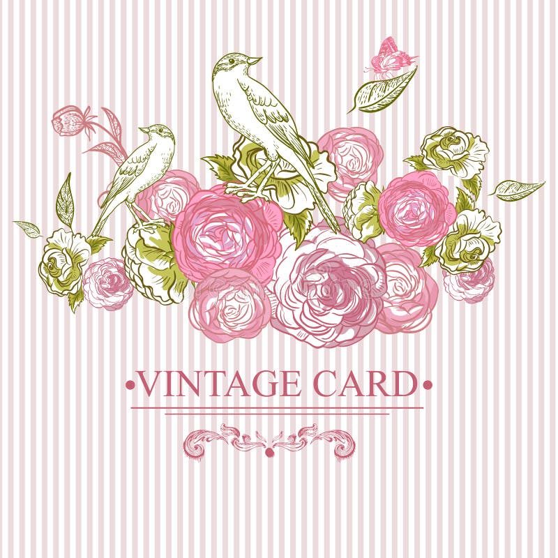 Vintage Greeting Card with Flowers and Birds. Stock Vector ...