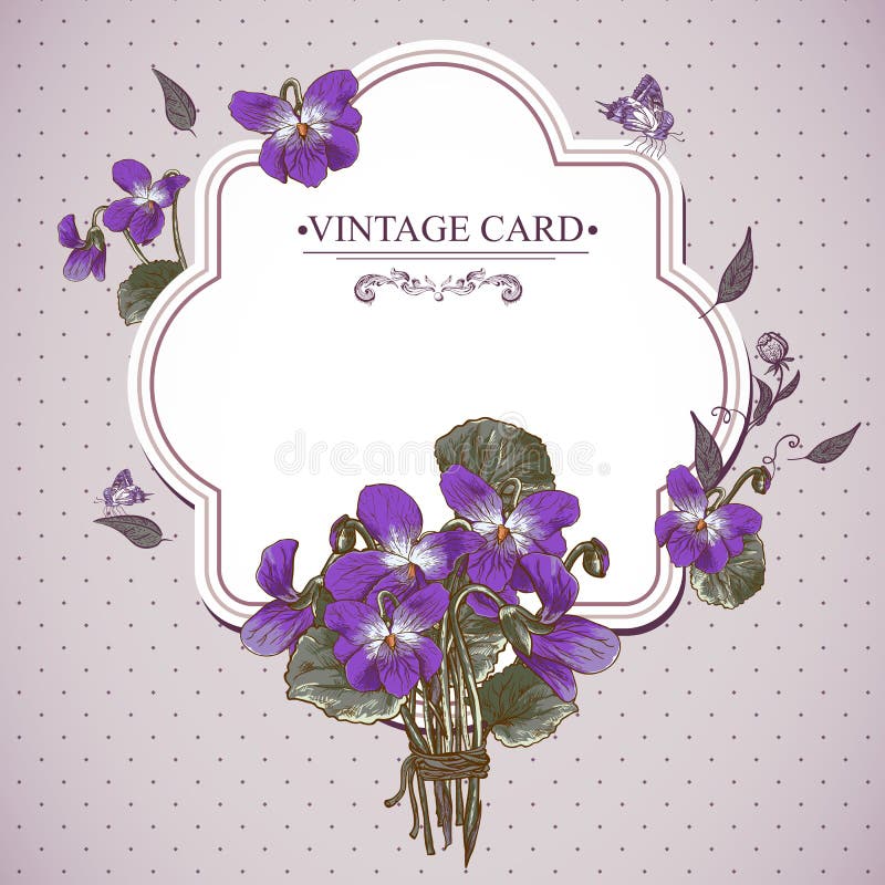 Vintage Floral Card with Violets and Butterflies Stock Vector ...