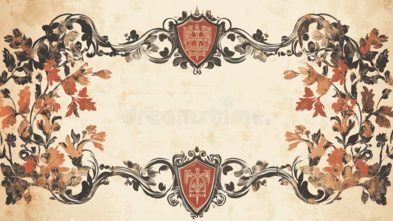 Vintage Floral Frame with Heraldic Shield on Antique Background Stock ...