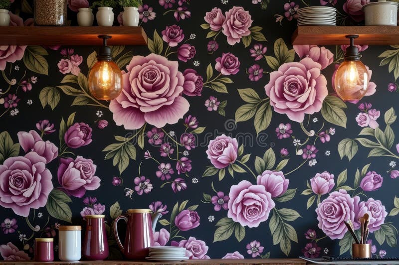 Vintage Floral Kitchen Decor with Pink Rose Wallpaper and Rustic ...