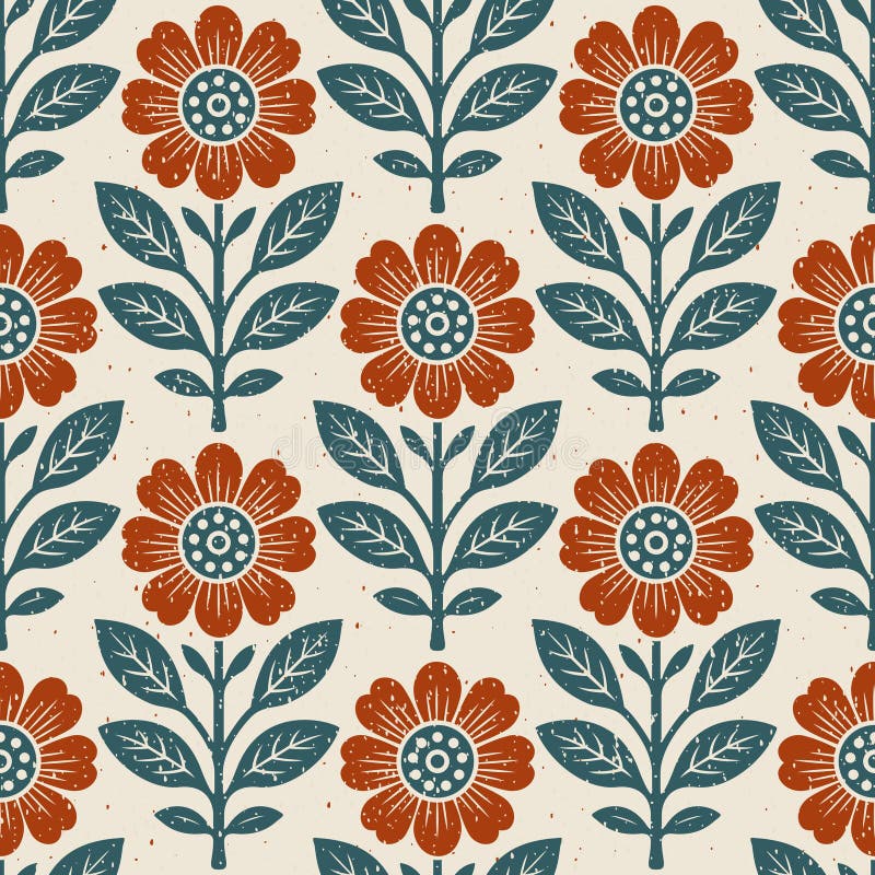 Vintage Floral Pattern, Bold Flowers on Cream Background, Block Print ...