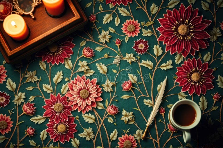 Vintage Floral Pattern with Candles, Quill, and Teacup on Ornate ...