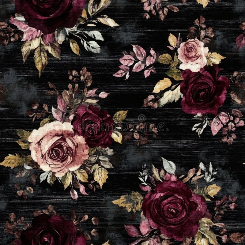 Vintage Floral Pattern with Dark Roses and Leaves on Textured ...