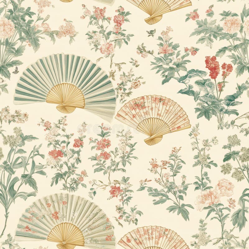 Vintage Floral Pattern with Elegant Hand Fans Wallpaper Design Stock ...