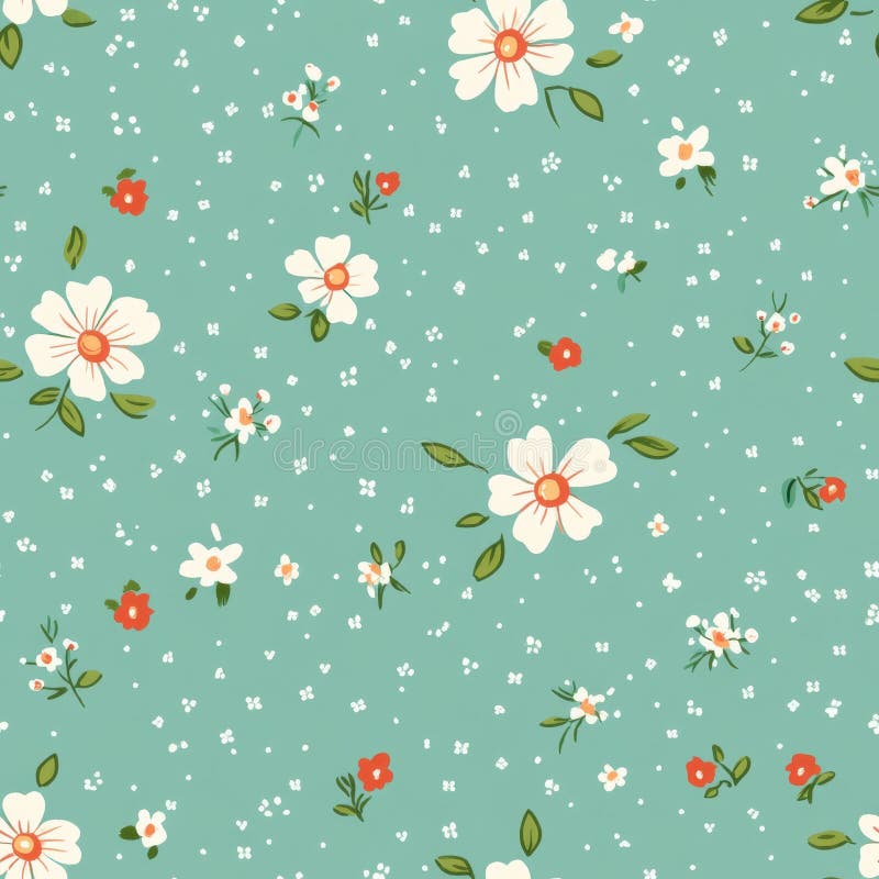 Vintage Floral Pattern on Teal Background with Daisies and Leaves ...