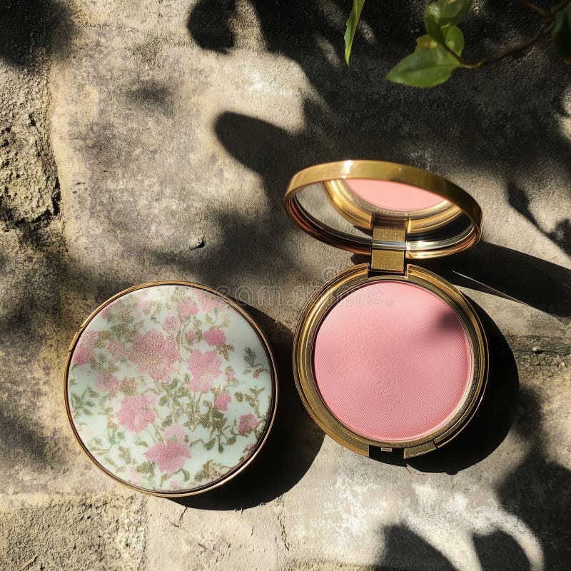 Vintage Floral Pink Compact on Sunlit Stone Surface Stock Photo - Image ...