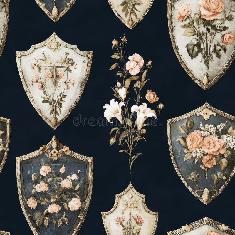 Vintage Floral Shields Pattern on Dark Blue Background Stock Photo ...