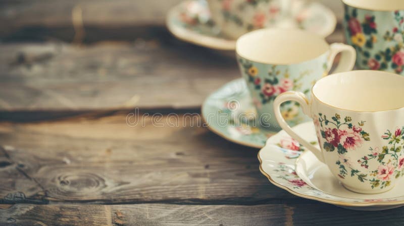 Vintage Floral Tea Set on Rustic Wooden Table Stock Photo - Image of ...