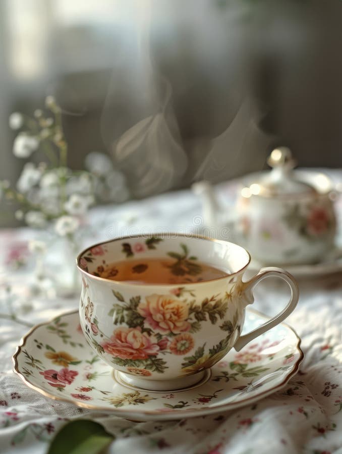Vintage Floral Teacup with Steaming Tea on a Breakfast Table. Stock ...