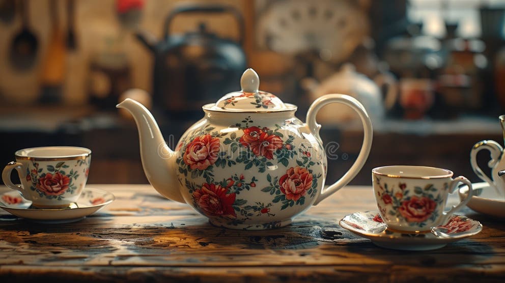 Vintage Floral Teapot Set with Teacups on a Rustic Kitchen Table. Stock ...