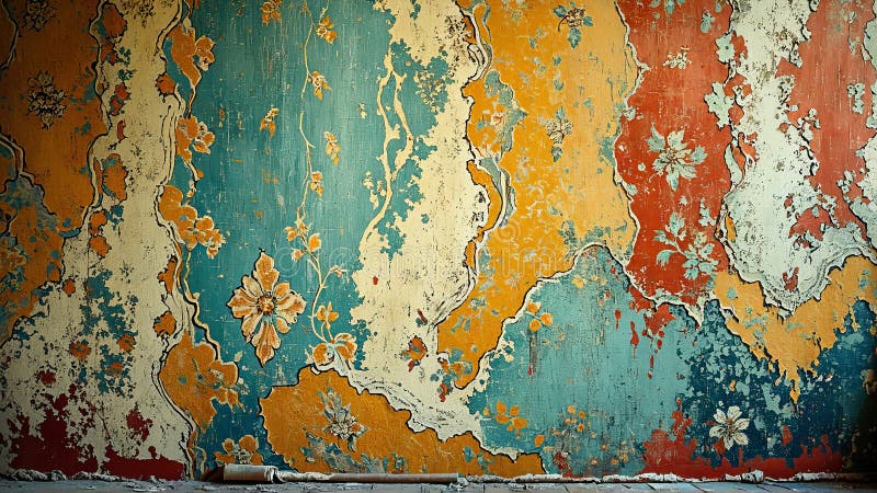 Vintage Floral Wallpaper Layers with Peeling Paint and Distressed ...