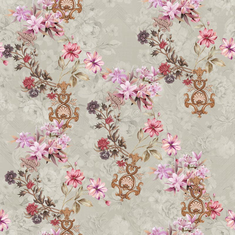 Vintage Flower Seamless Pattern with Metallic Color Ground Digital ...