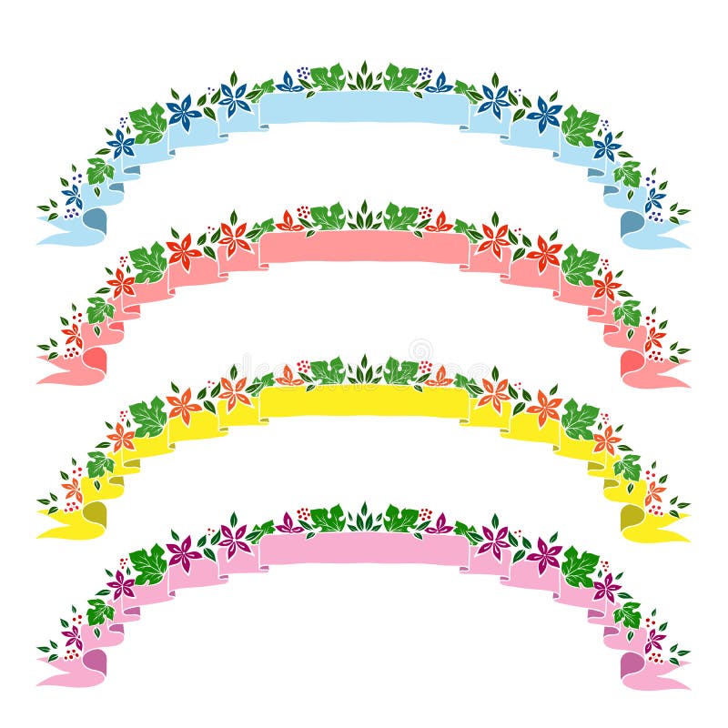 Vintage Flowers Ribbon Banners, Hand Drawn Set Stock Illustration ...
