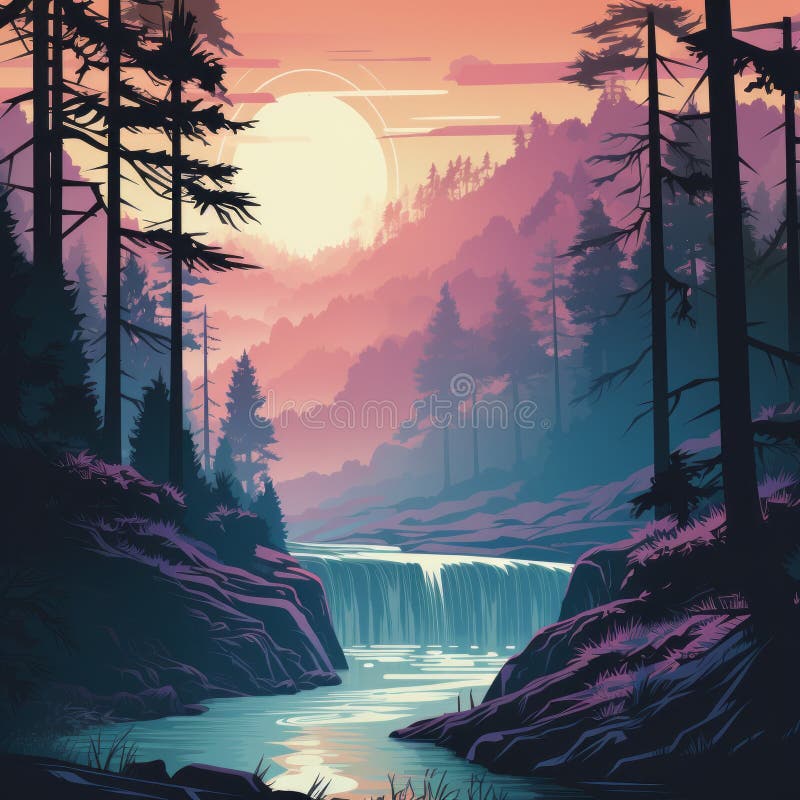 Majestic Sunset Waterfall: a Bold Graphic Illustration of Nature S ...