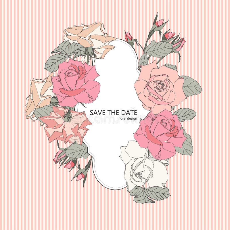 Hand Drawn Summer Vintage Bouquet: Rustic Roses, Colored Line Art. Hand ...