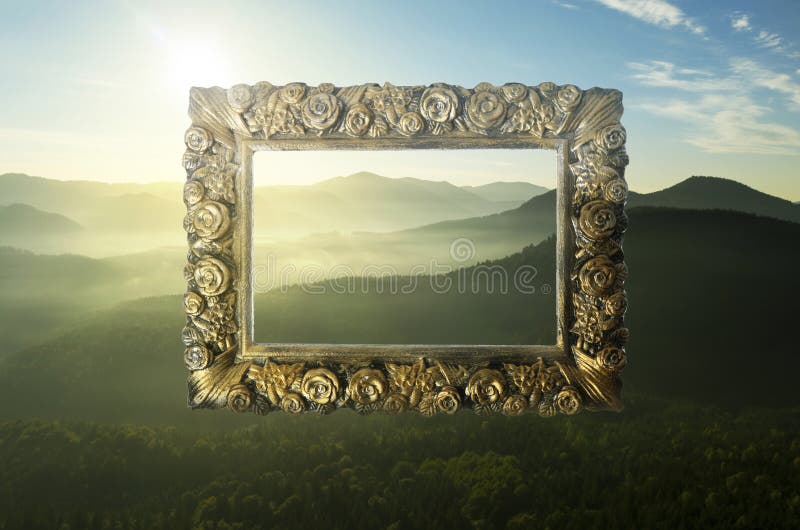 Vintage Frame and Beautiful Mountains with Fog in Morning Stock Photo ...