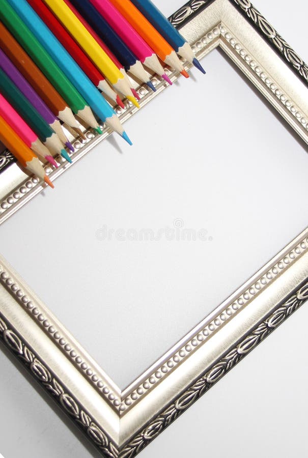 Vintage Frame for Paintings and Colored Pencils on a White Background ...