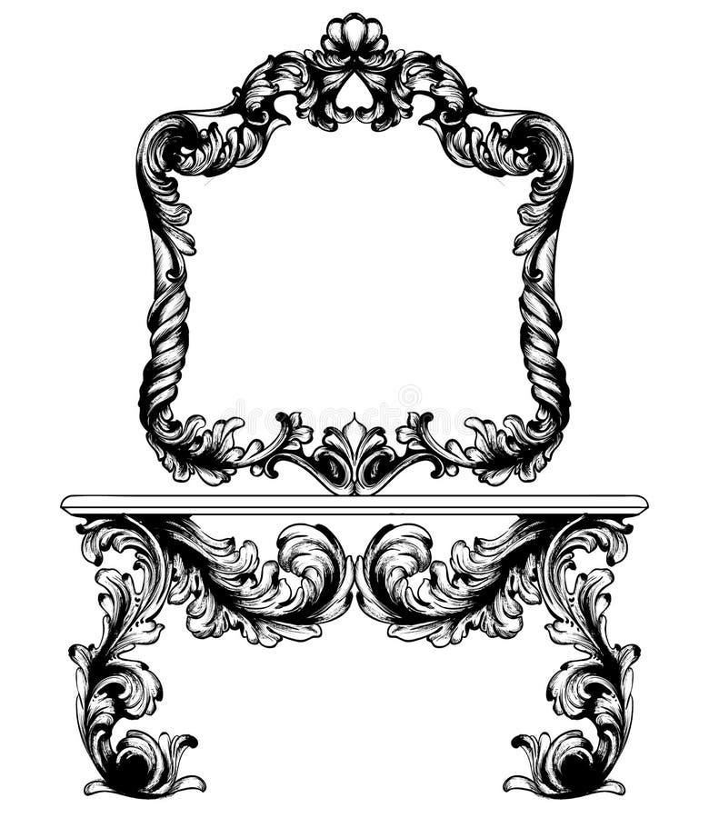 Vintage Frame and Table Vector Line Art. Classic Engraved Ornaments ...