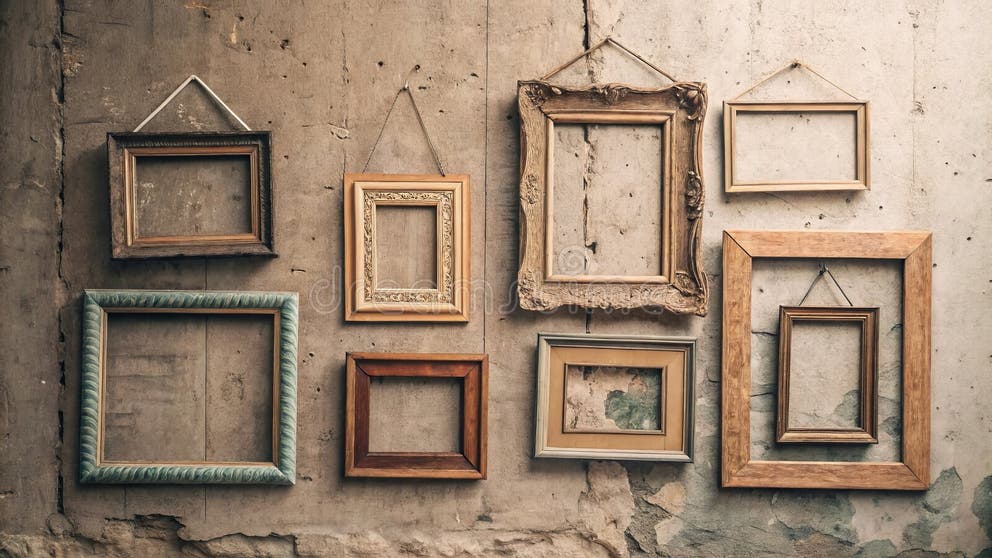 Vintage Frames on Grunge Wall Composition of Nine Empty Frames, Rustic ...