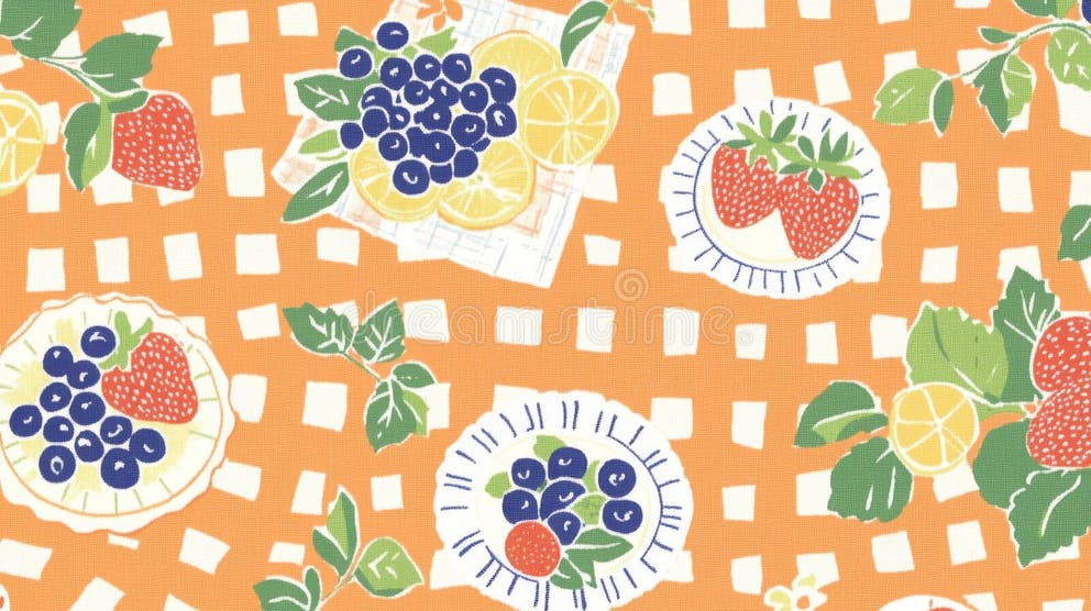 Vintage Fruit Pattern with Strawberries and Blueberries on Orange ...