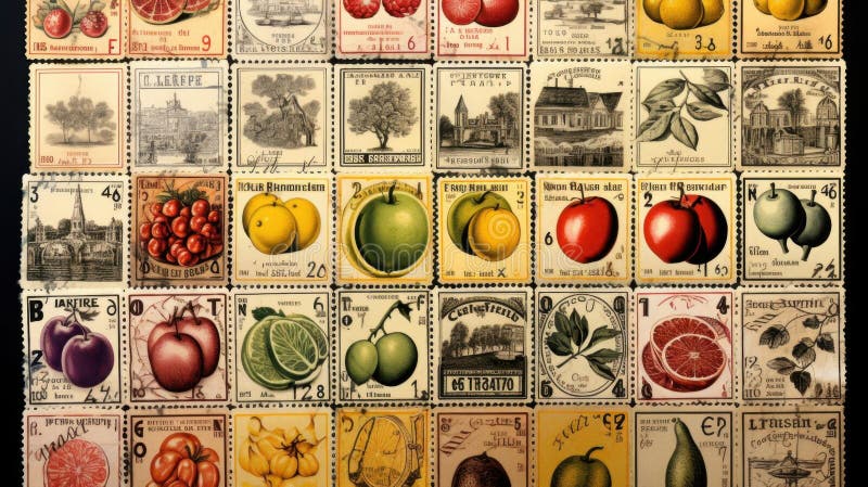 Vintage Fruit and Vegetable Postage Stamps Stock Illustration ...