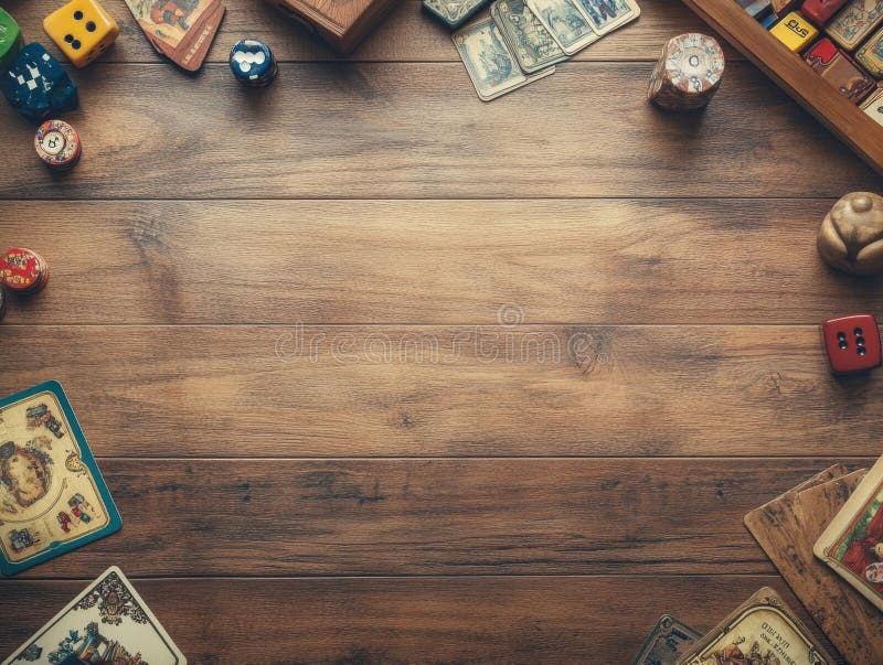 Vintage Game Night - Wooden Tabletop with Classic Game Pieces Stock ...