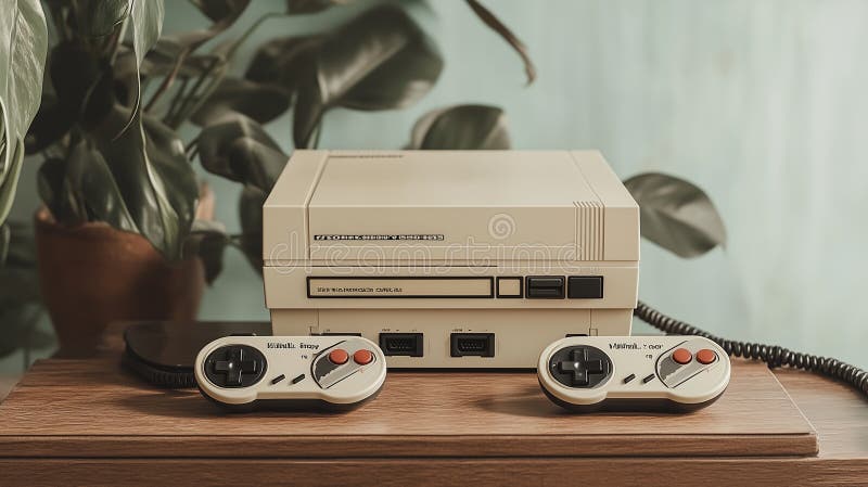 Retro Gaming Console with Dual Controllers and Plant Decor Stock ...