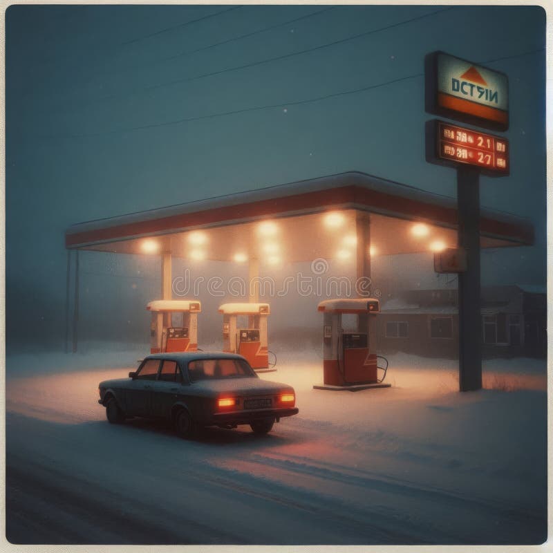 Vintage Gas Station Under the Snowfall Stock Illustration ...