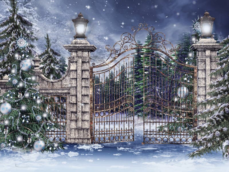Vintage Gate with Christmas Trees Stock Illustration - Illustration of ...