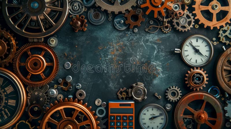 Vintage Gears and Timepieces on Rustic Background Stock Image - Image ...