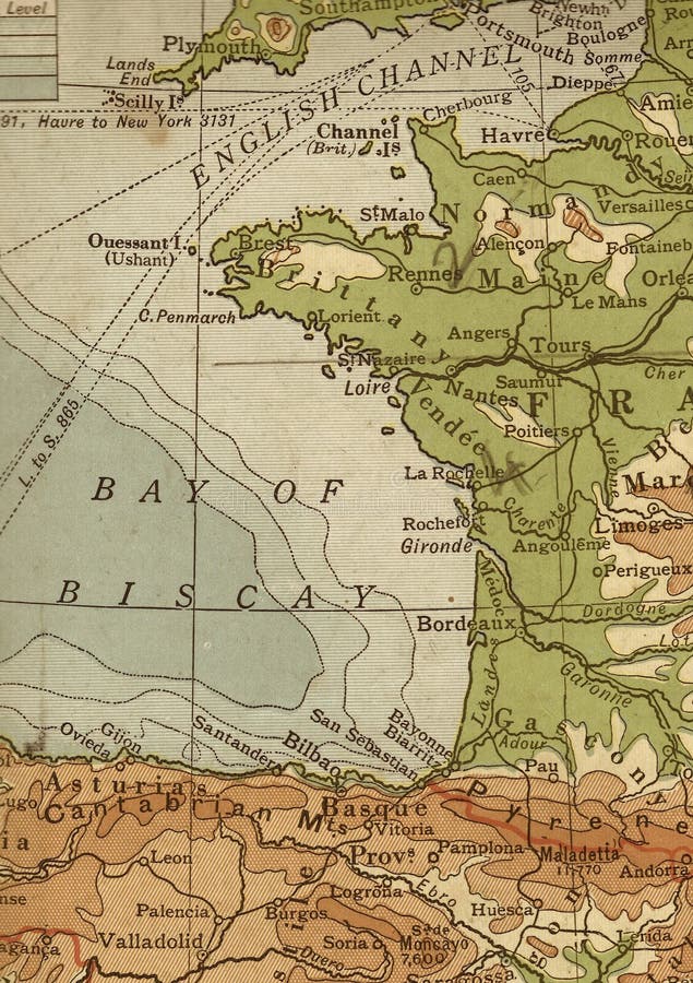 A Vintage Geographical Map of the Bay of Biscay in Sepia. Stock ...