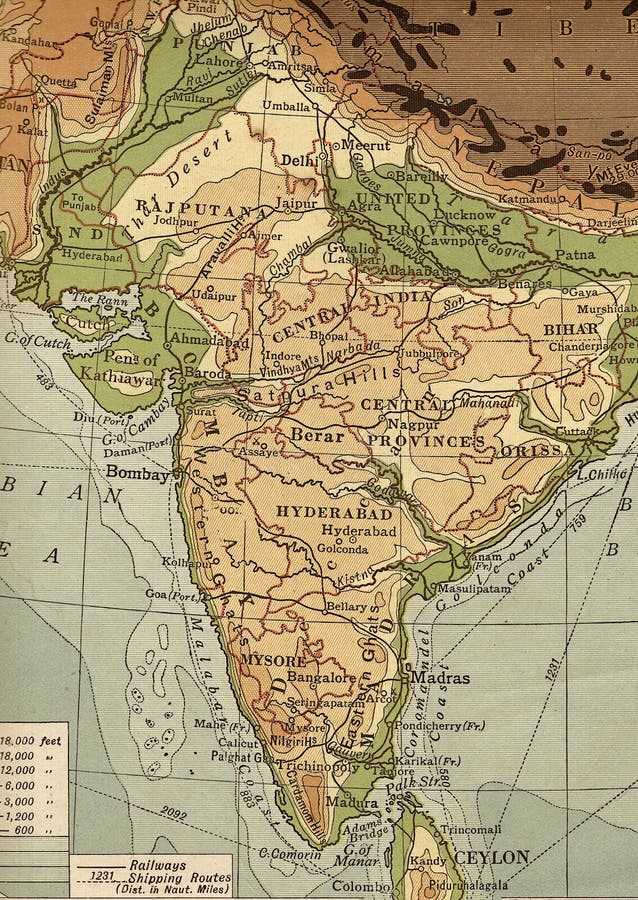A Vintage Geographical Map of India in Sepia. Stock Illustration ...