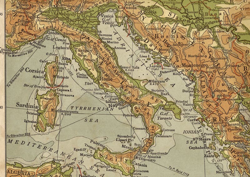 A Vintage Geographical Map of Italy in Sepia. Stock Illustration ...