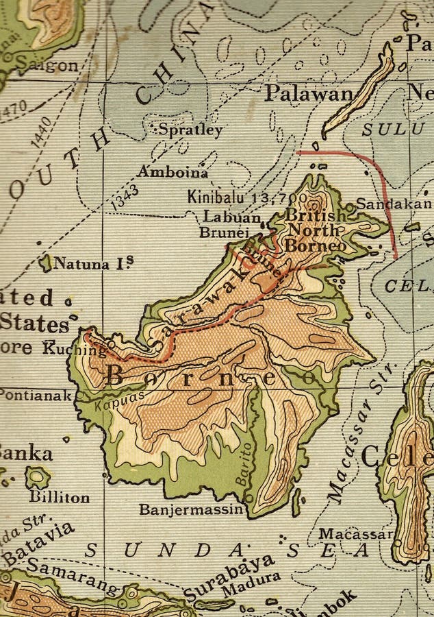 A Vintage Geographical Map Showing Borneo in Sepia. Stock Photo - Image ...