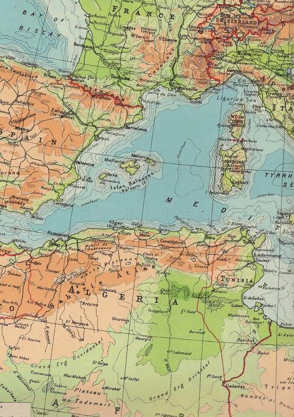 A Vintage Geographical Map of the Western Mediterranean Region ...