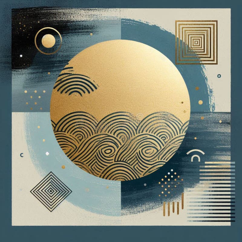 Vintage Geometric Pattern with Blue and Gold Japanese Brush Strokes Stock Illustration ...