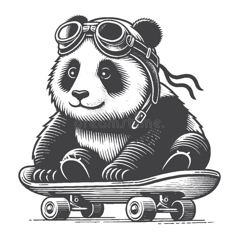 Vintage Giant Panda Riding Skateboard Wearing Goggles Vector. Stock ...