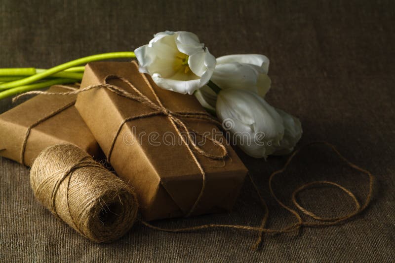 Vintage Gift Box Brown Paper Wrapped with Rope Stock Photo - Image of ...