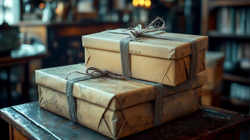 Vintage Gift Boxes on Rustic Wooden Table Stock Illustration ...