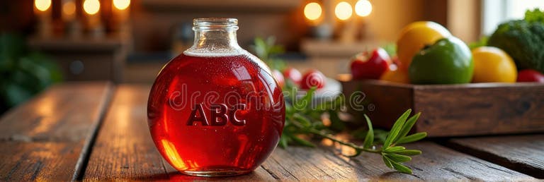 Vintage Glass Bottle with Abc Marking beside Fresh Vegetables on Rustic ...