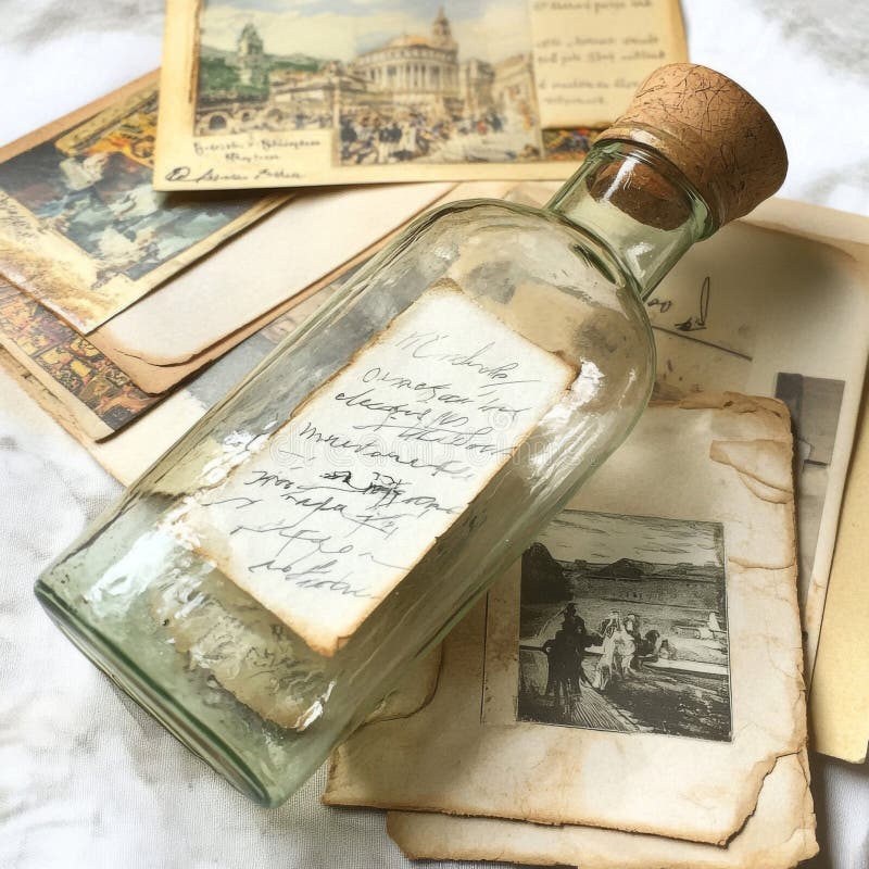 Vintage Glass Bottle with Handwritten Label on Stack of Postcards Stock ...